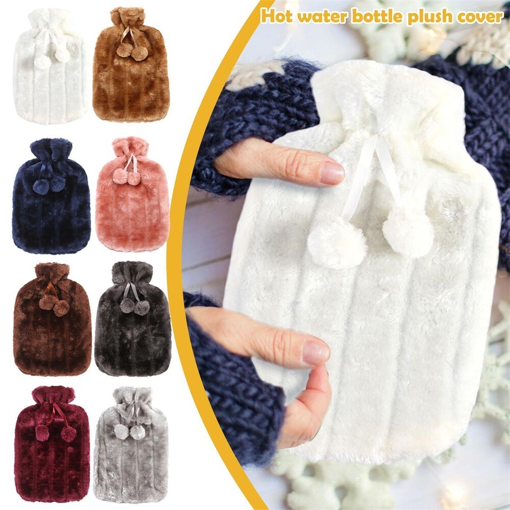 Large 2L Rubber Hot Water Bottle Bag & Warm Cover Faux Fur Fluffy Pom ...