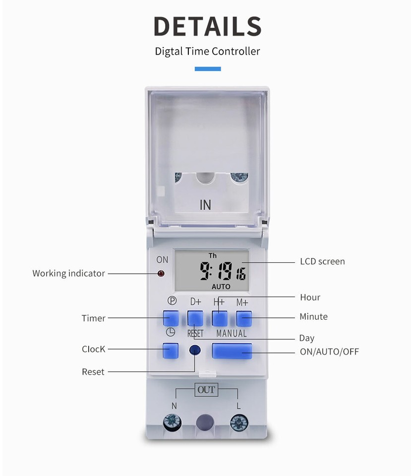 Digital Timer Switch 30A Din Rail 2 wire Weekly 7 Days Programmable ...