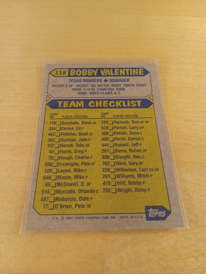 1987 Topps #118 BOBBY VALENTINE Texas Ranger Baseball Card, Manager ...
