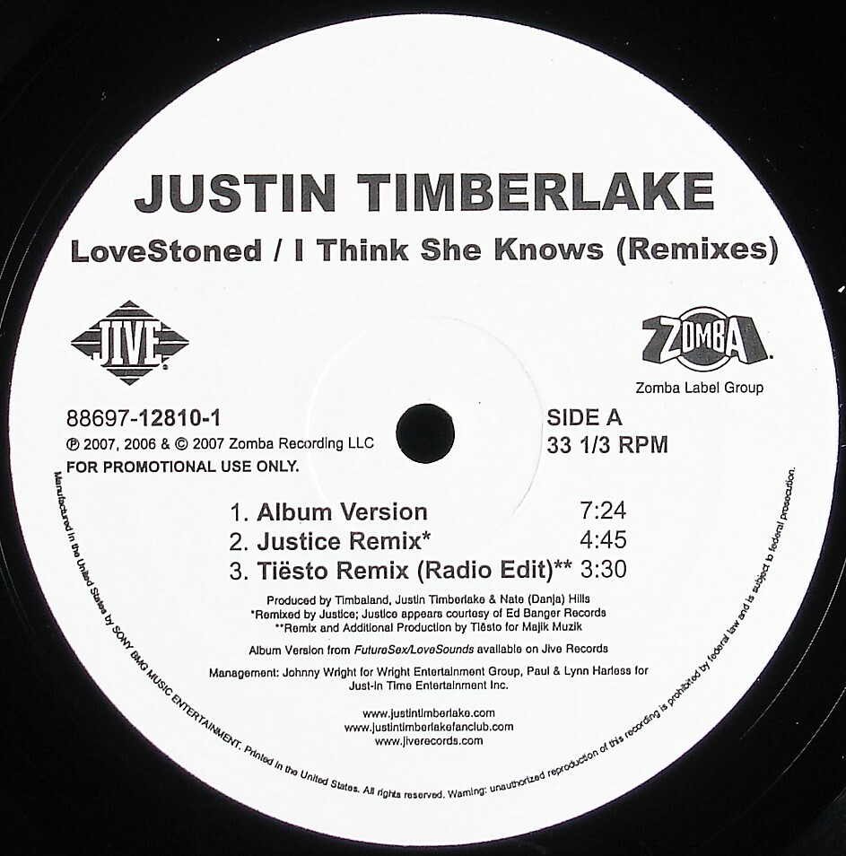 JUSTIN TIMBERLAKE "LOVESTONED / I THINK SHE KNOWS (RMX)" 2X12" VINYL ...