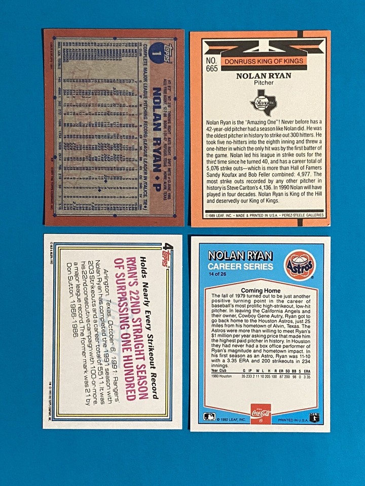 Nolan Ryan Card Lot 1990 Donruss 1991 Topps Base + Insert 1992 Donruss ...