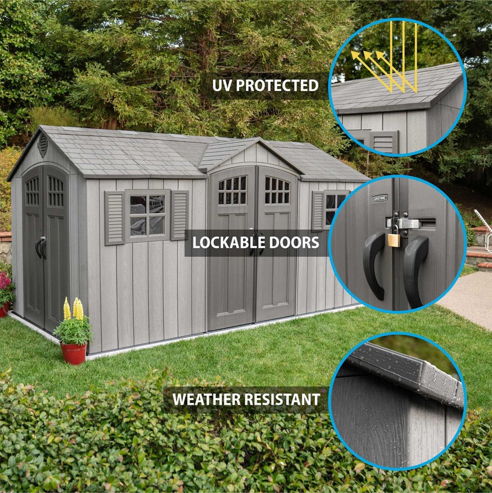Lifetime 60318 15x8 Foot Rough Cut Storage Shed Dual Entry Ways Outdoor ...