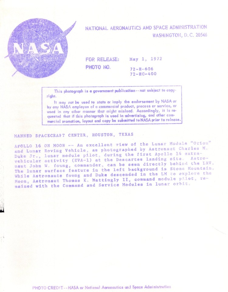 Apollo 16 | RARE NASA 1972 Lunar Module Orion Moon Rover Young Duke Photo | eBay