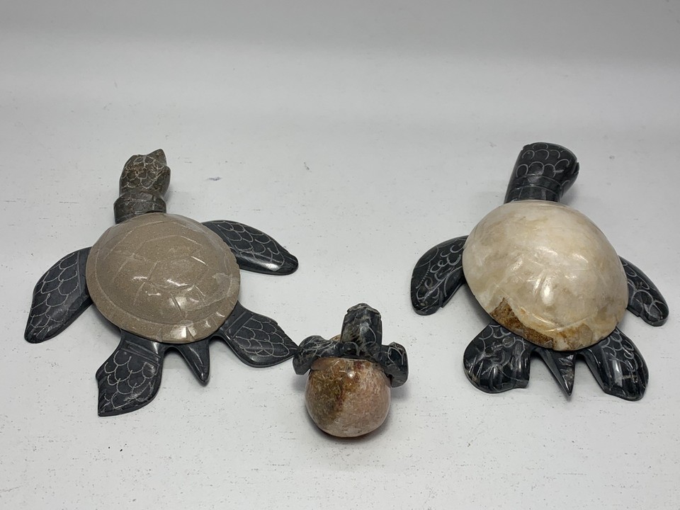 3 Unique Hand Carved Marble Stone Sea Turtle Family Figurine Carvings ...