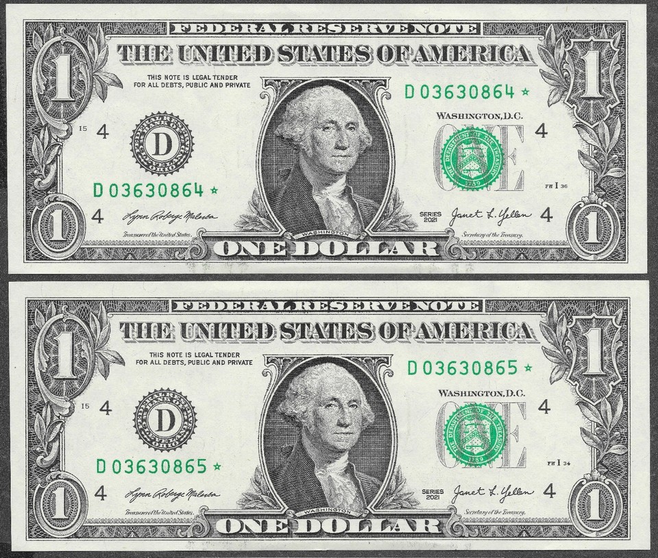 Lot of 2 UNC Sequential 2021 $1 One Dollar Bill 500k Low Run Star Notes ...