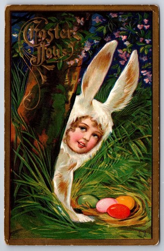 Easter Fantasy~Girl In Rabbit Suit Peeks Around Tree~Eggs~Gold~Emboss ...