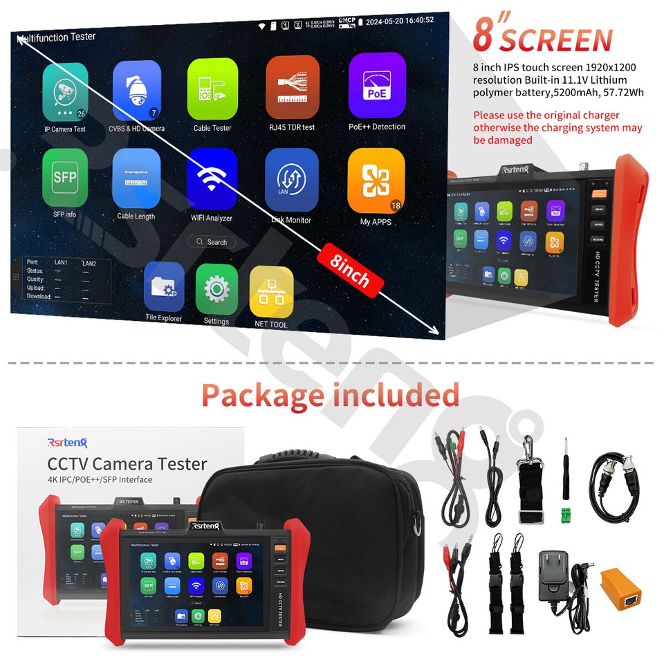 Rsrteng E89 4K 8inch IP Camera CCTV tester 8MP AHD CVI TVI Hi-POE Cable ...