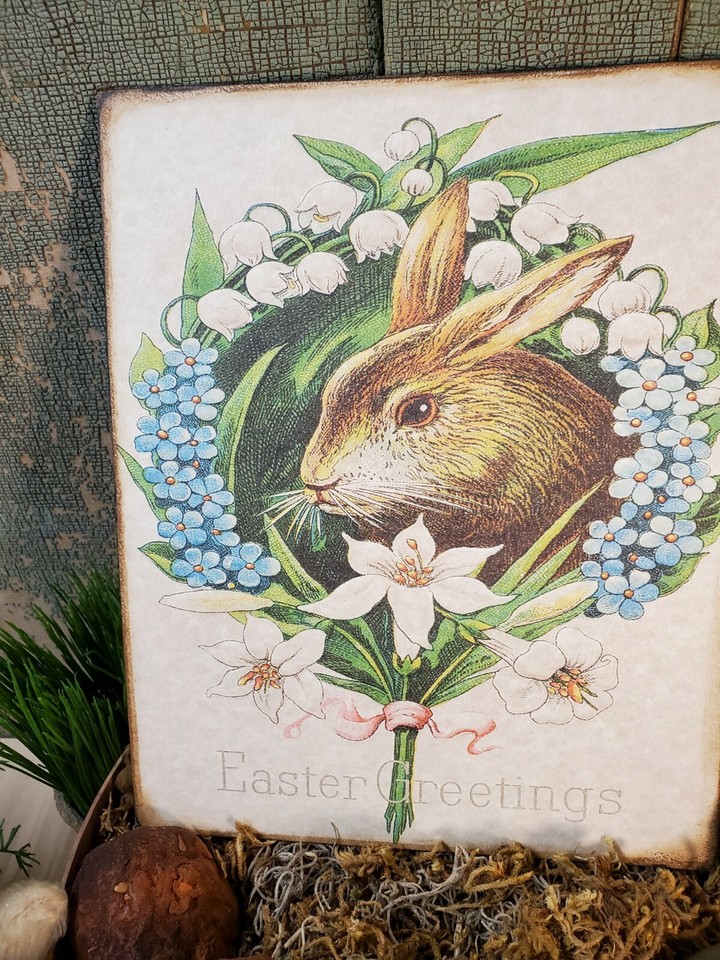 OLD PRIMITIVE ANTIQUE VINTAGE FOLK ART STYLE BUNNY RABBIT EASTER ...