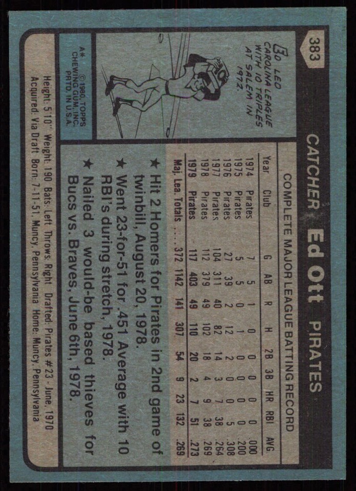 1980 Topps Ed Ott Pittsburgh Pirates #383 | eBay