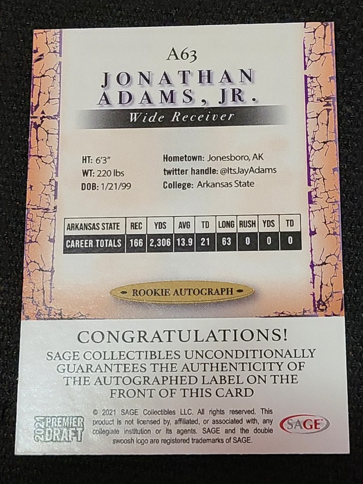 JONATHAN ADAMS JR 2021 Sage Premier Draft Detroit Lions Auto RED RC # ...