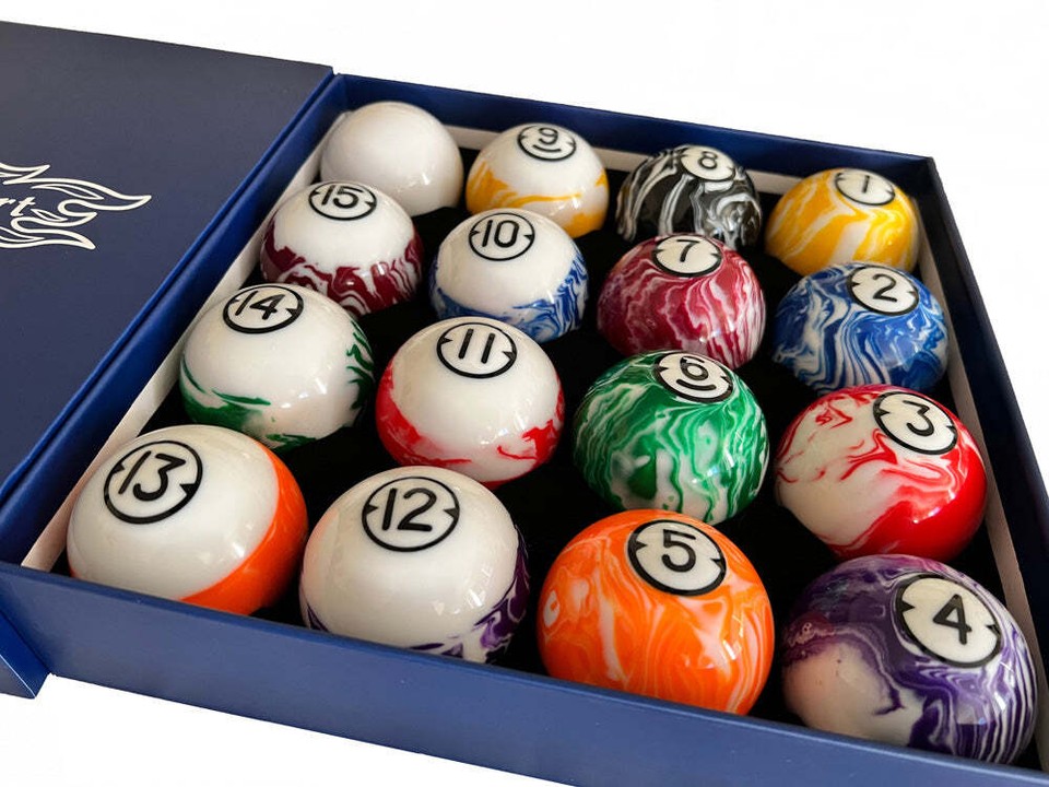 Champion Marble Pool Balls set ( Black Rimmed Marble) Complete 16 Ball ...