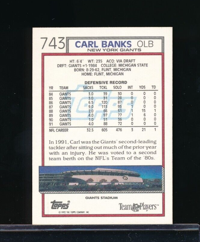 1992 Topps #743 Carl Banks signed auto autograph 3rd series blue ...