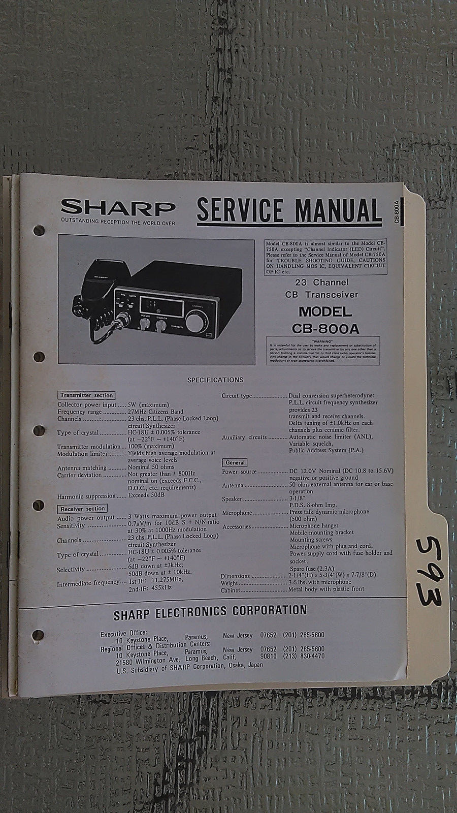 Sharp cb-800a service manual original repair book cb radio 23 channel ...