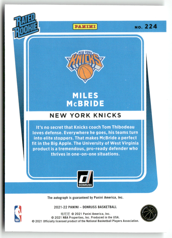 2021-22 NBA Panini Donruss No. 224 Miles McBride Rated Rookie Auto Mojo ...