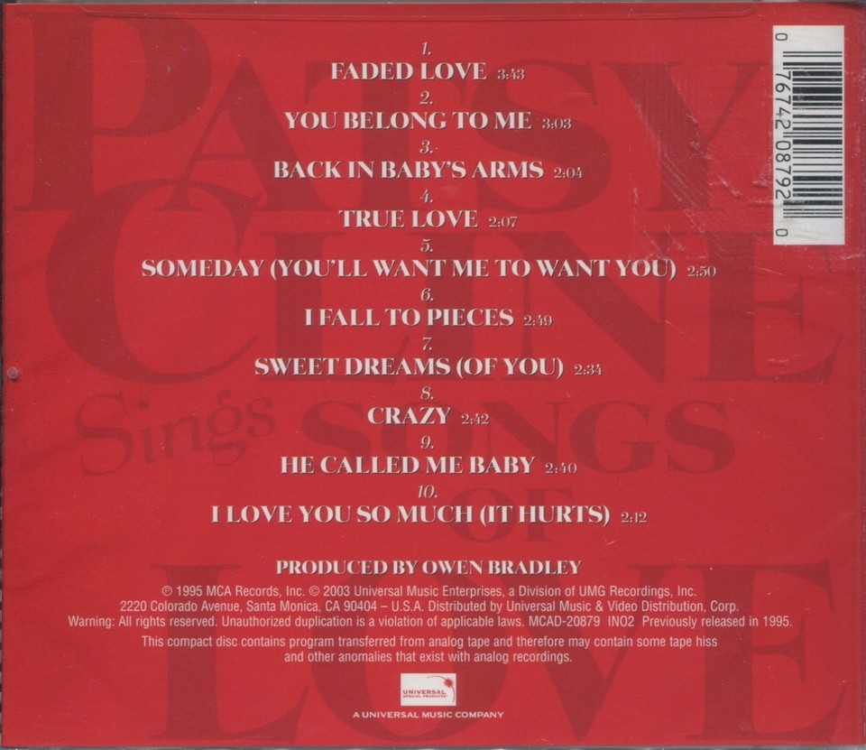 Sings Songs of Love by Patsy Cline (CD, Apr-2001, Universal Special ...