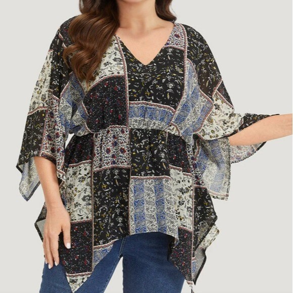 Bloomchic Bandana Print Patchwork Asymmetrical Hem Batwing Sleeve Blouse NWT 12 | eBay
