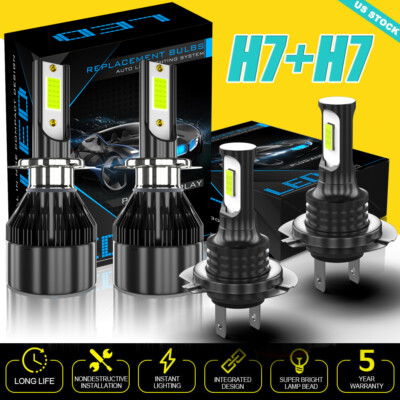4Pcs H7+ H7 LED Headlight Kit Combo Bulbs High Low Beam 6000K White ...
