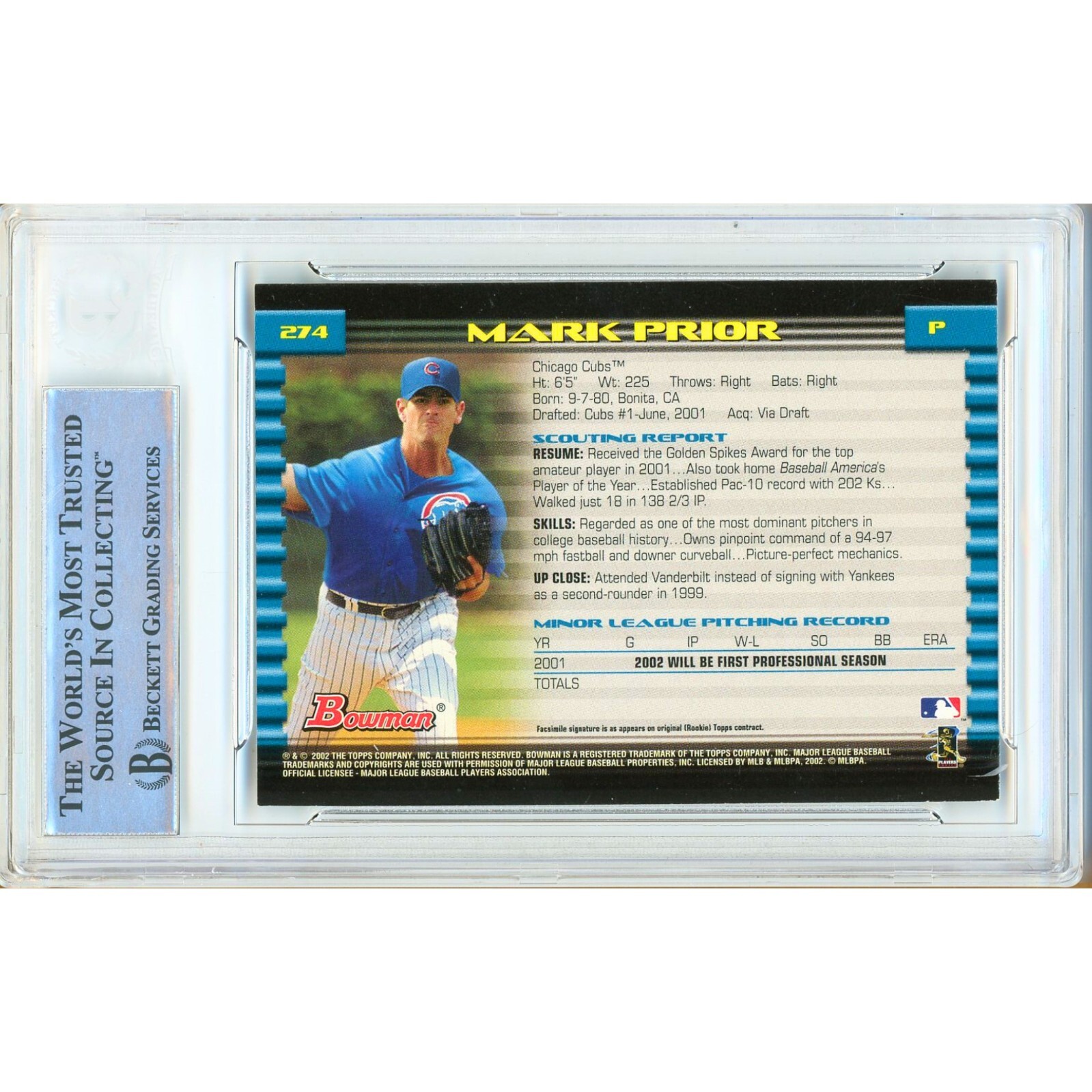 Mark Prior Chicago Cubs Auto 2002 Bowman Rookie Card BAS Auth Autograph ...