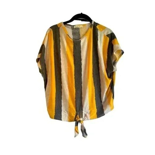 Striped Batwing Top with Front Tie Detail in Yellow, Grey and White B22 ...