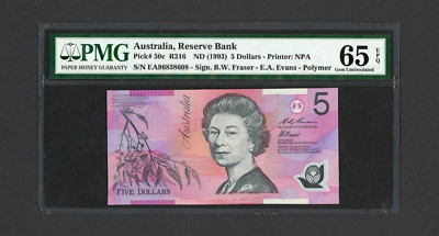 AUSTRALIA Banknote P50c , R216, 1993 , 5 Dollars Polymer PMG 65 Queen ...