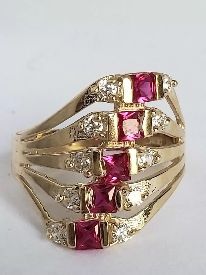 Wide 14k Yellow Gold red 5 row semanario Ring Size 6 7 8 9 | eBay