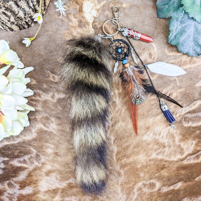 Raccoon Tail Keychain dreamcatcher charm Talisman hook Taxidermy ...