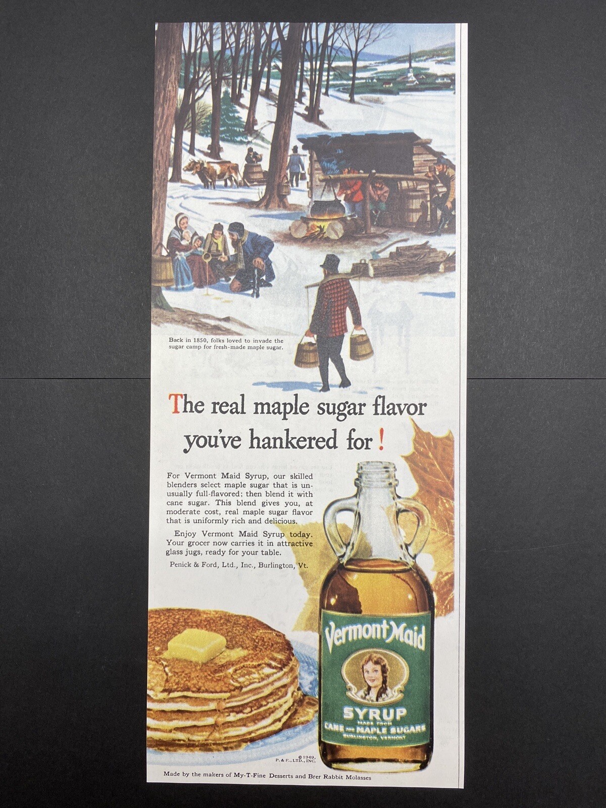 Vermont Maid Maple Syrup Maple Sugaring Winter Scene Pancakes 1949 Vtg ...