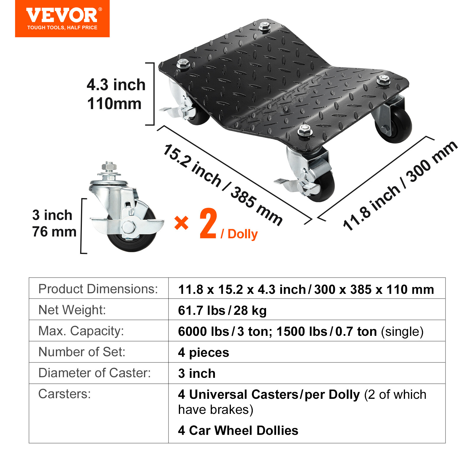 VEVOR Car Dolly Wheel Tire Dolly 4 PCS Heavy Duty Skate Auto Repair ...