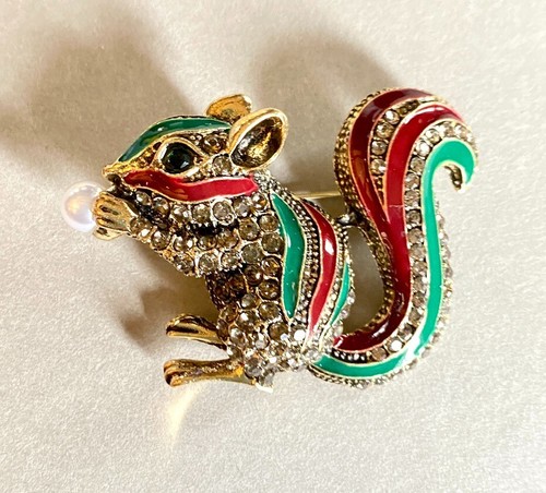 Chipmunk Brooch Multicolor Rhinestone Gold Tone Enamel Chippy with ...