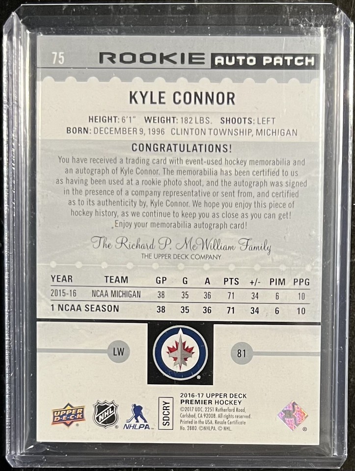 2016 UD Premier Kyle Connor Rookie Patch Auto #’d 299 | eBay