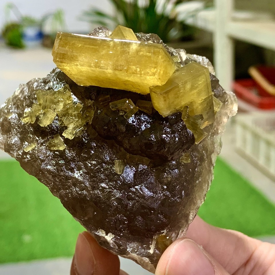 240G Shiny Golden Cuboid Barite Crystal Based on the Purple Spherical ...