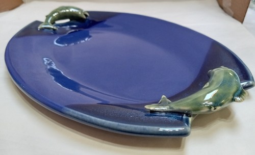 Blue Two Tone Serving Platter Small Fish Handles 12" Long Santa Cruz ...