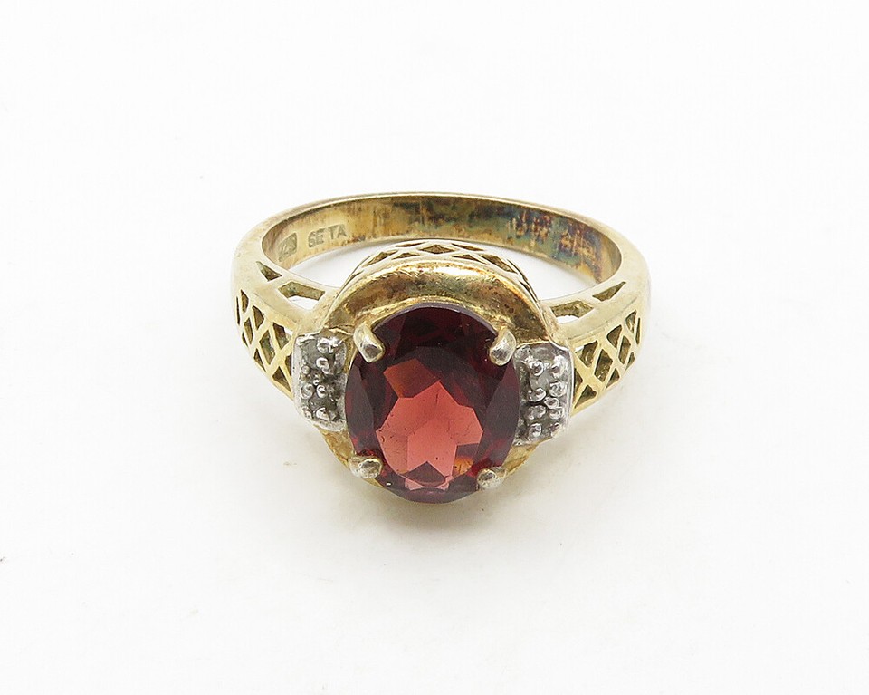 SETA 925 Silver Vintage Garnet & Genuine Diamonds Band Ring Sz 9 ...