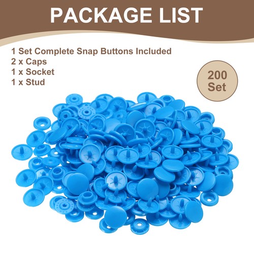 200 Set Plastic Snaps T5 Round Resin No-Sew Button Fasteners Kit, Blue ...