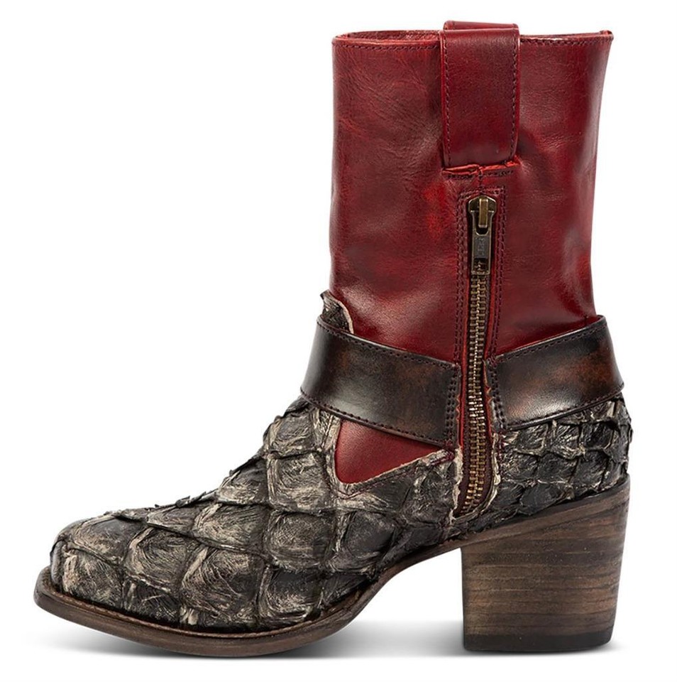 New NIB Freebird Darcy Red Gray Black Multi Fish Leather Harness Boots ...