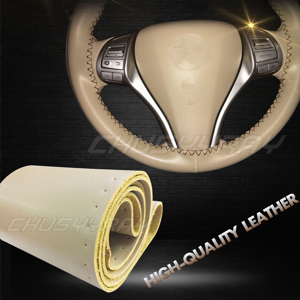 Beige Car DIY Perforated Steering Wheel Cover Pu Leather Soft Grip Lace ...