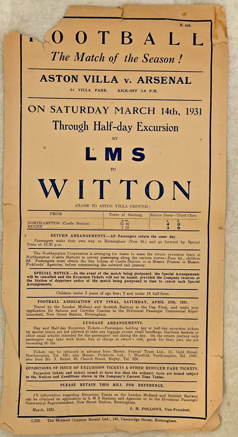 LMS Railway Handbill - Aston Villa v Arsenal - Football - 14th March ...