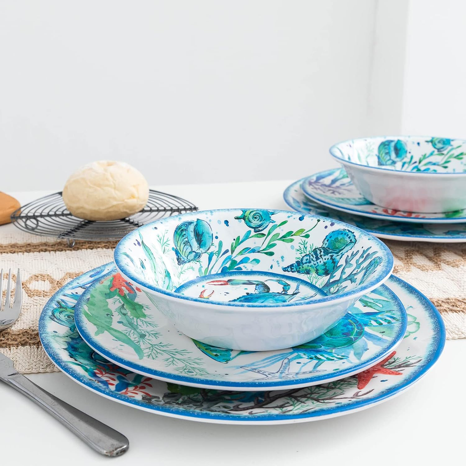 12-Piece Melamine Beach Dinnerware Set, Coastal Plates and Bowls Sets ...