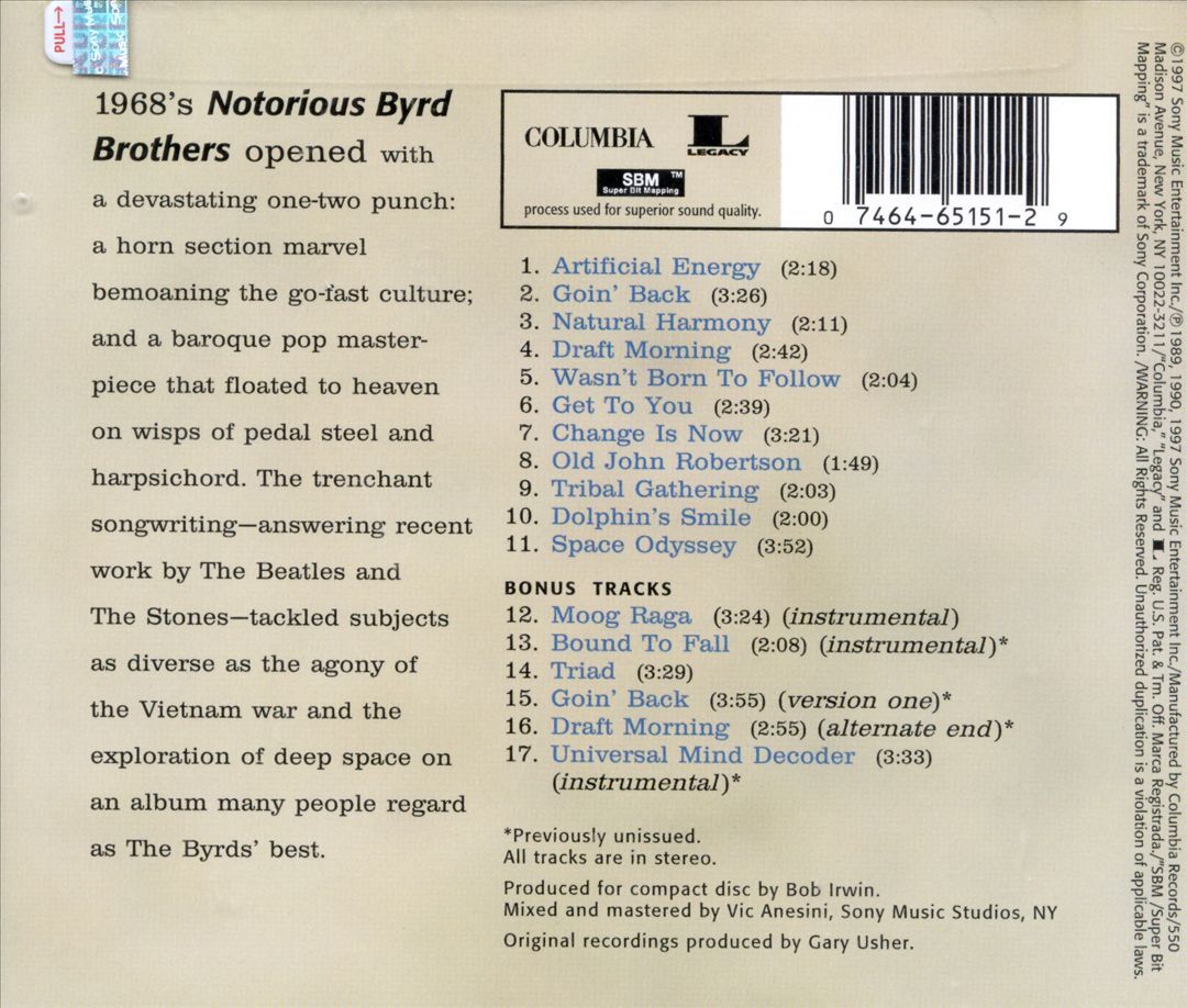 THE BYRDS - THE NOTORIOUS BYRD BROTHERS [REMASTER] NEW CD 886972383521 ...