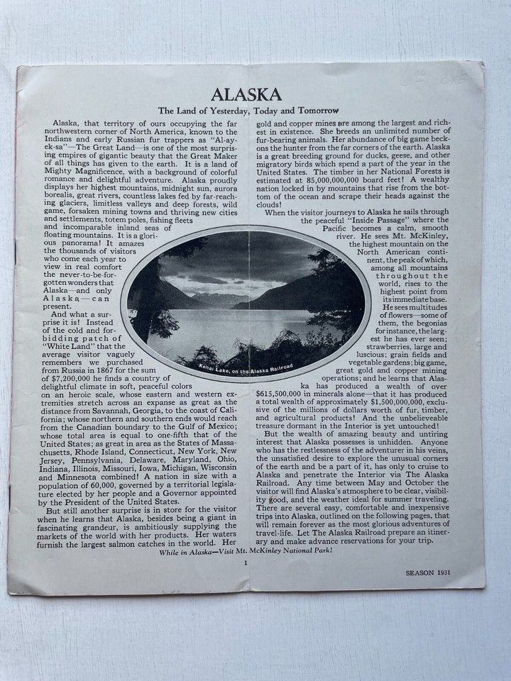 1931 Alaska Travel Brochure- By Alaska Railroad- Great Double Cover ...