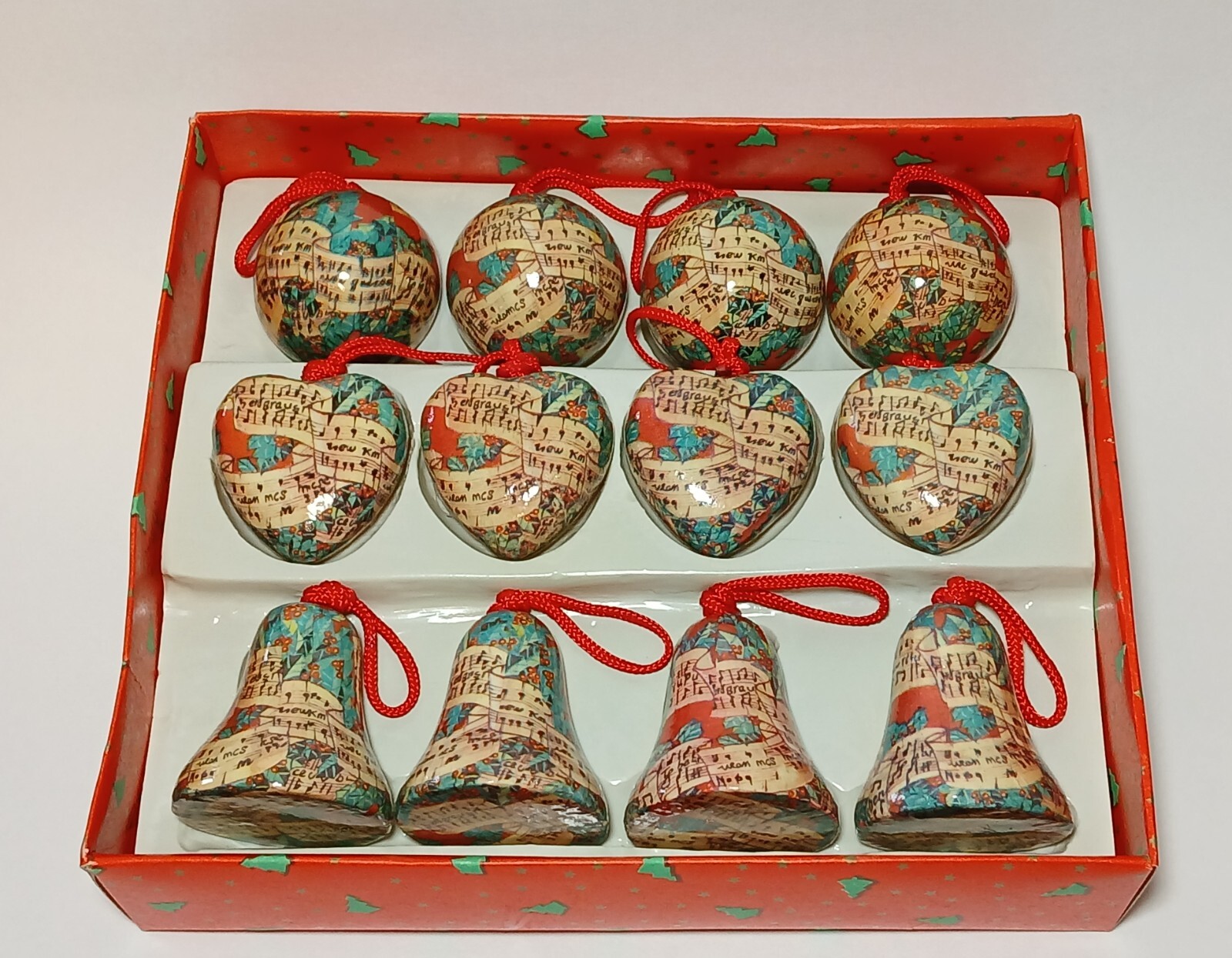 Vintage Christmas Ornaments 12 Paper Mache Bells Hearts & Spheres ...
