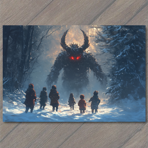 POSTCARD Monster in Snowy Forest Children Confront Evil Winter Red Eye ...