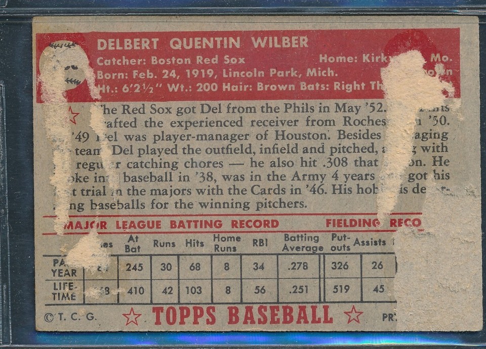1952 Topps Set-Break #383: DEL WILBER RC High # Looks VG-EX ~ Poor ...