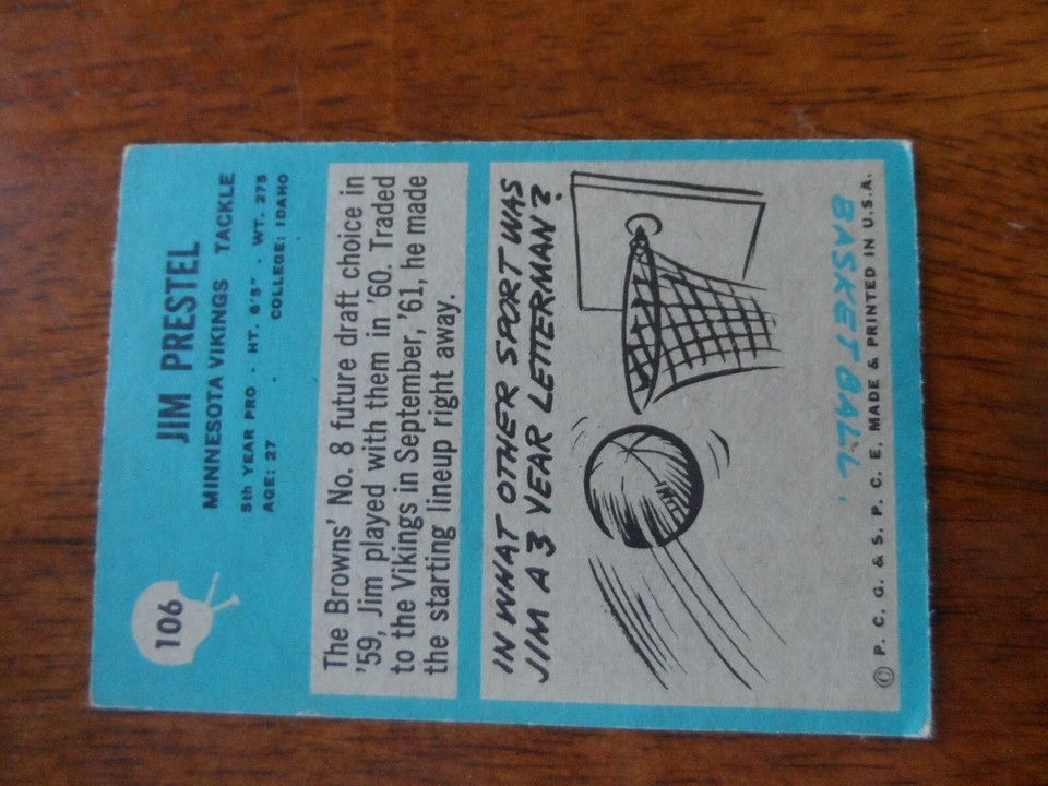 1964 PHILADELPHIA FOOTBALL #106 JIM PRESTEL MINNESOTA VIKINGS VG/EX A ...