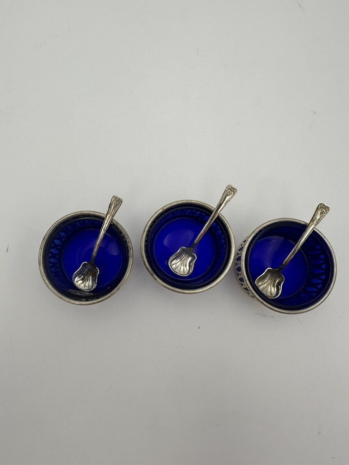 TWR Sterling Silver & Cobalt Blue Glass Salt Cellars with Spoons Set Of ...