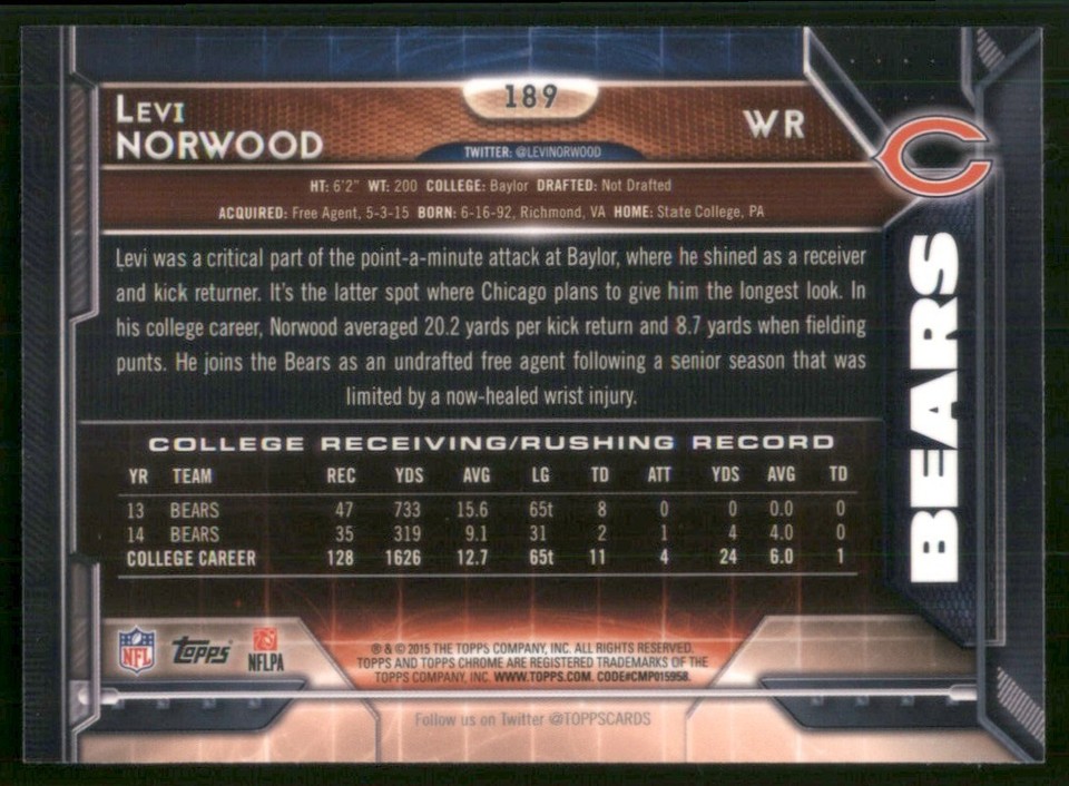 2015 Topps Chrome #189 Levi Norwood Chicago Bears Football Card 35222 ...