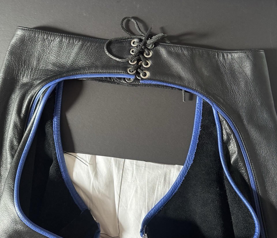 Northbound Leather Black With Blue Piping chaps . Zipper On Inseam. | eBay