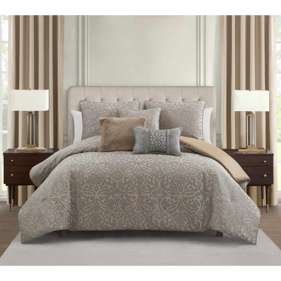 Waterford CARRICK 6 Piece CAL KING Comforter Set Silver / Antique Gold ...
