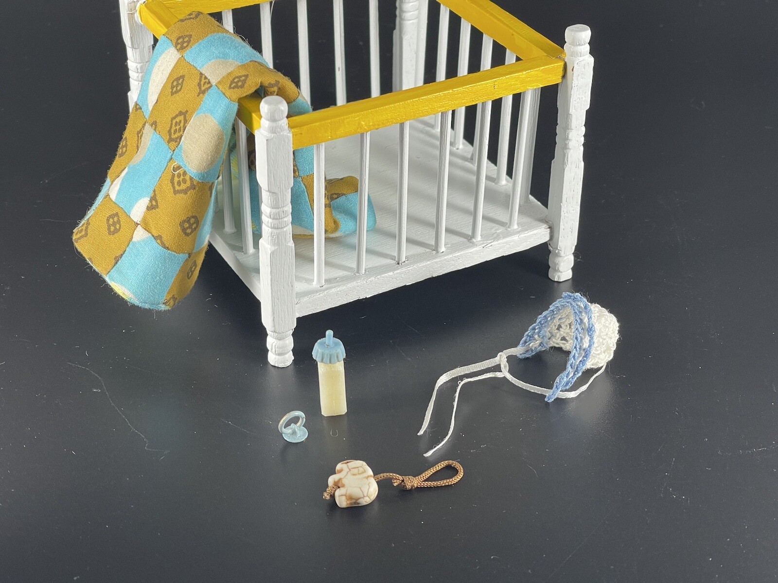 Miniature Wood Baby Crib with Hand Made Mini Quilt and Bonnet Bottle ...