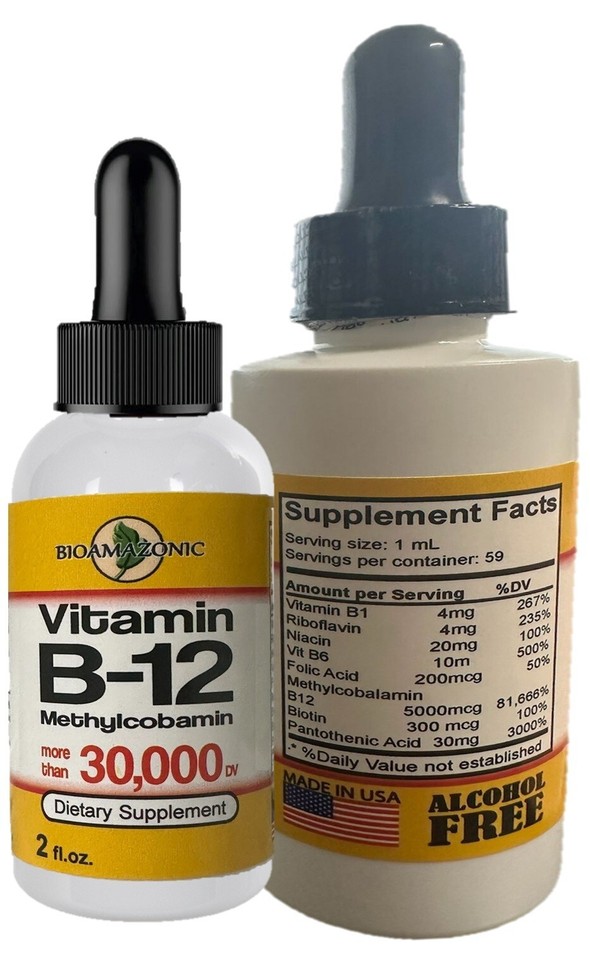 Vitamin B12 Sublingual Liquid Drops 30,000 Natural Energy Booster (2 oz ...